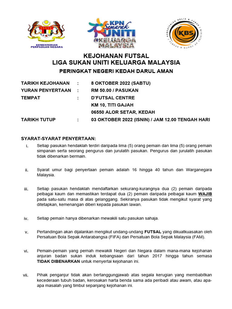 Borang & Syarat Penyertaan Futsal Liga Sukan Uniti Keluarga Malaysia ...