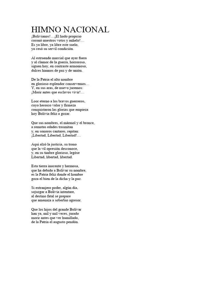 Himno Nacional De Bolivia Libertad Y Honor Pdf Himnos Nacionales