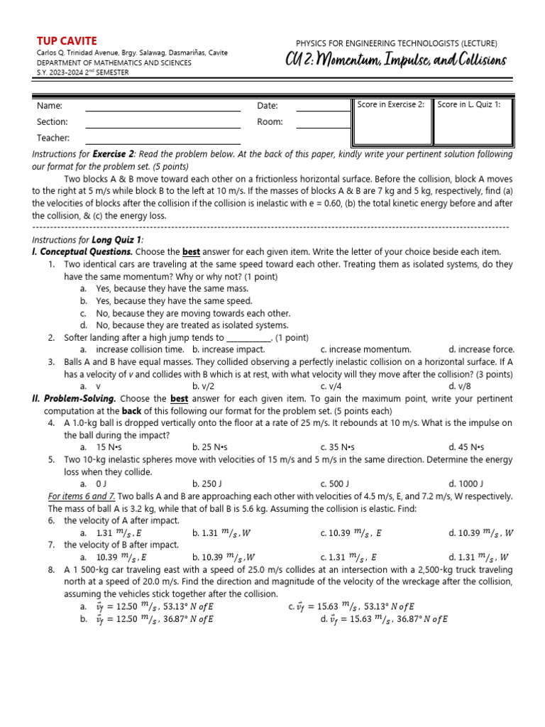 Exercise 2 and Long Quiz 1 | PDF | Collision | Mechanics