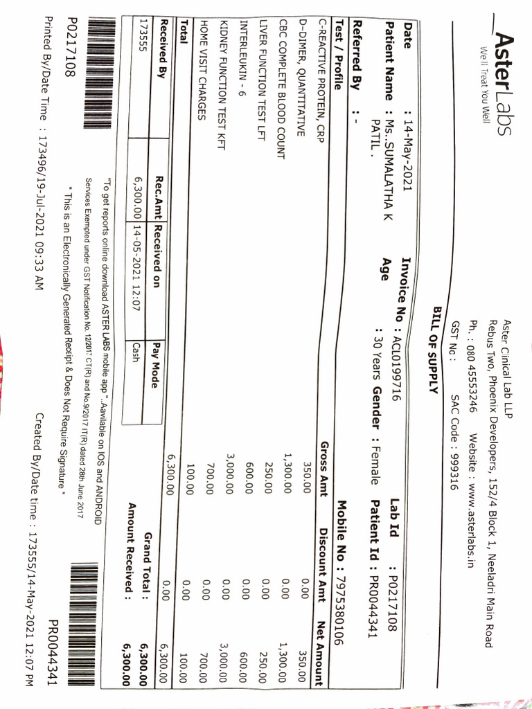 Aster Labs Blood Test Bill Receipt | PDF | C Reactive Protein ...