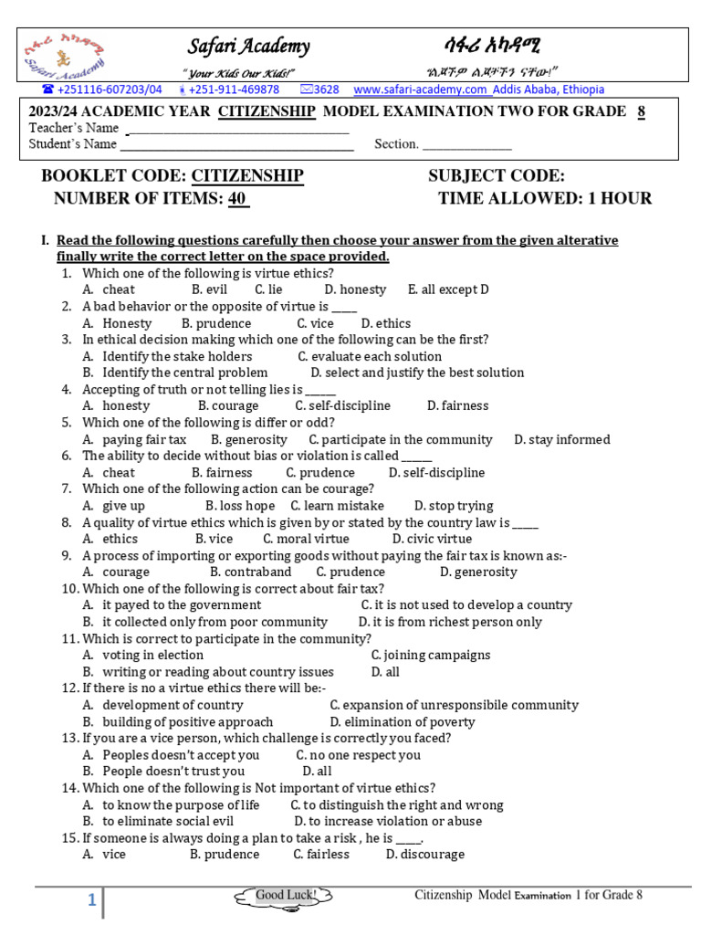 Citizenship Model Exam Grade 8 | PDF