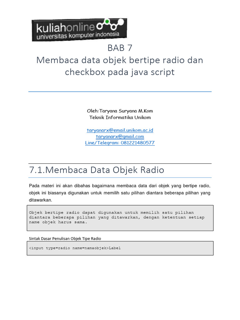 Bab 7 Membaca Data Radio Dan Checkbox Pada Javascript 2 | PDF Bab 7 Membaca Data Radio Dan Checkbox Pada Javascript 2 | PDF