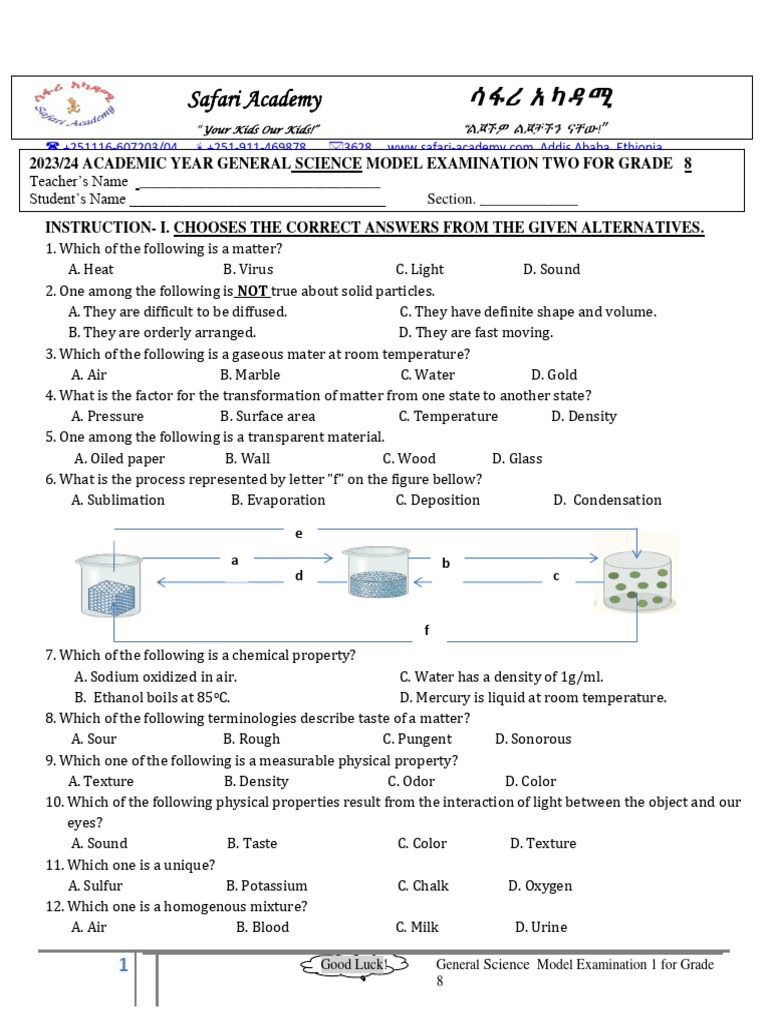 Grade 8 General Science Exam Model | PDF