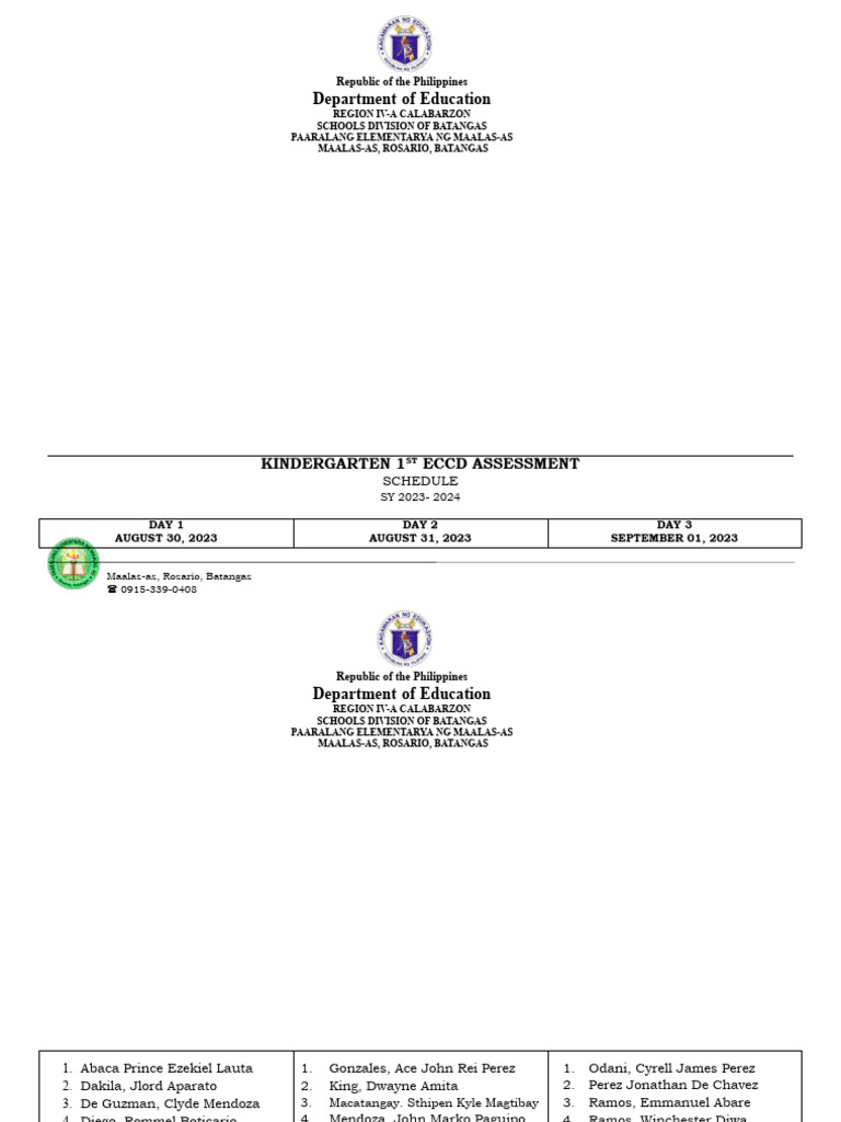 Kindergarten 1ST Eccd Assessment Schedule | PDF