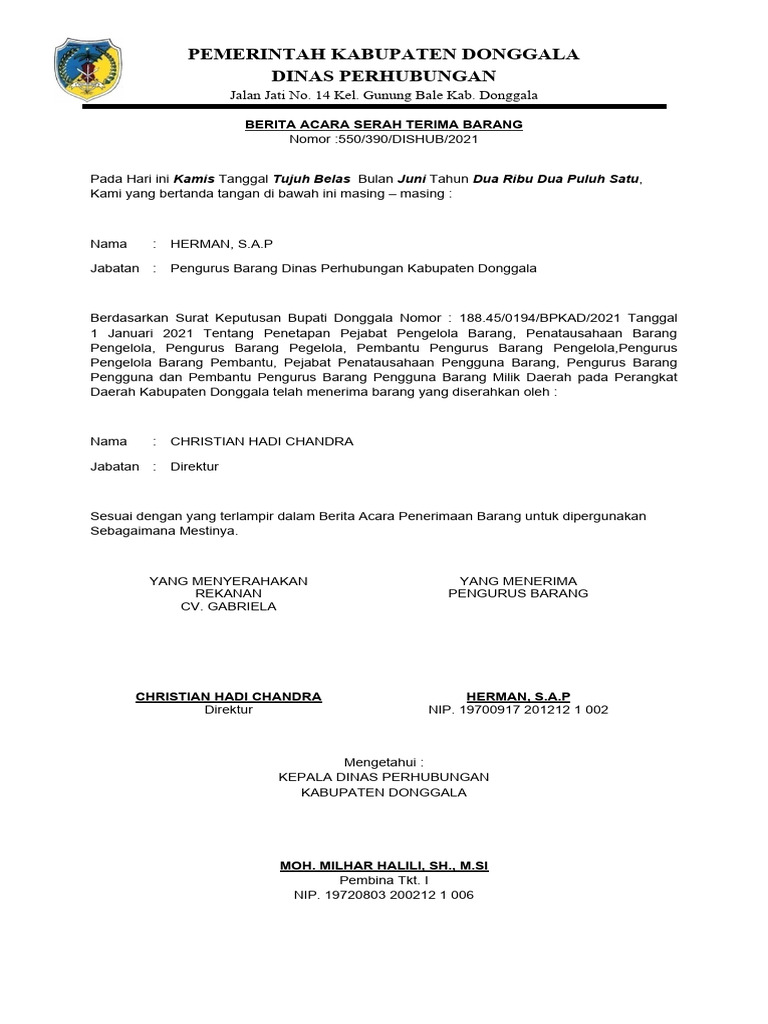 Berita Acara Serah Terima Barang DISHUB | PDF