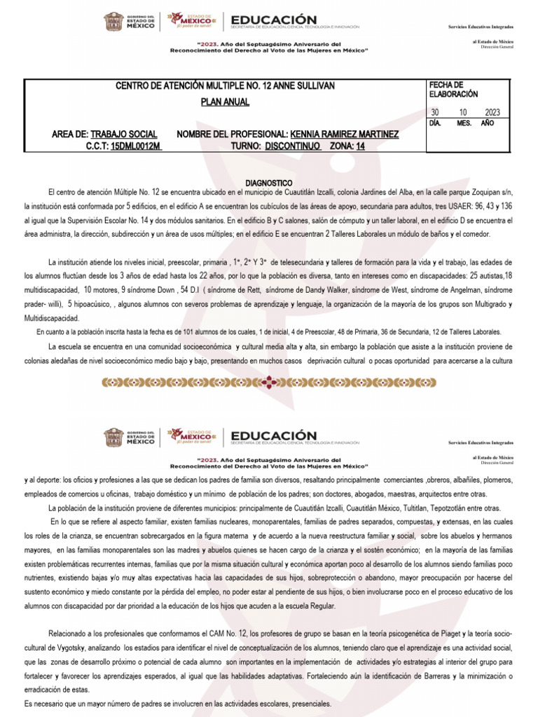 Plan Anual CAM No. 12 Anne Sullivan | PDF | Educación de la primera ...