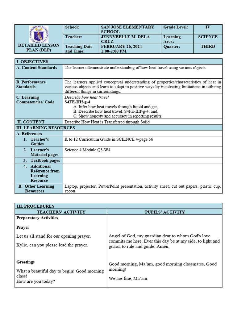SCIENCE 4 Q3W4 DLP Edit | PDF | Heat Transfer | Heat