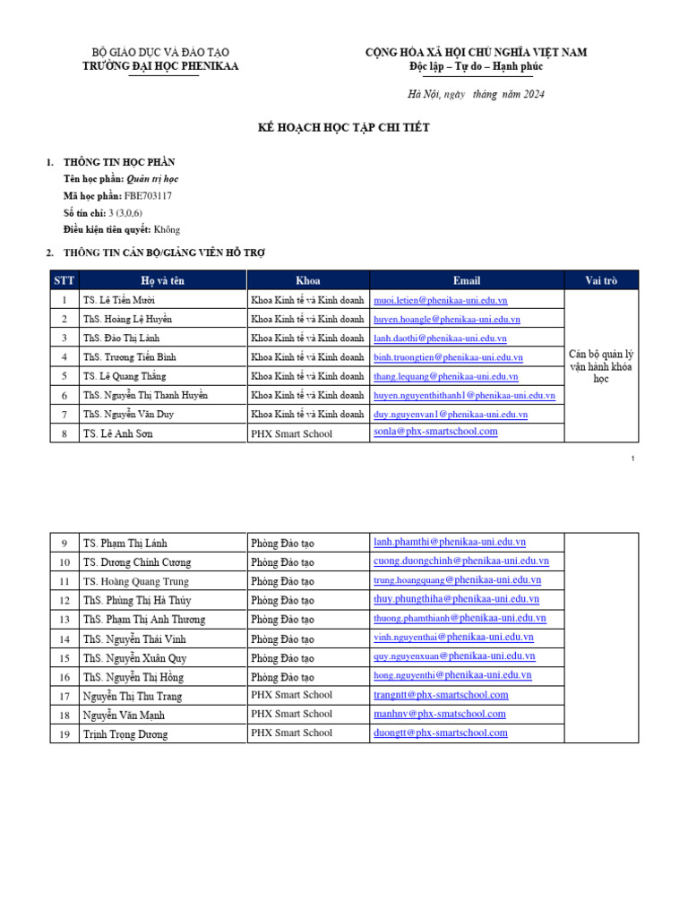 FBE703117 (Quản trị học 3TC) - KHHT chi tiet - 061023 (dot hoc 19.02.24) | PDF