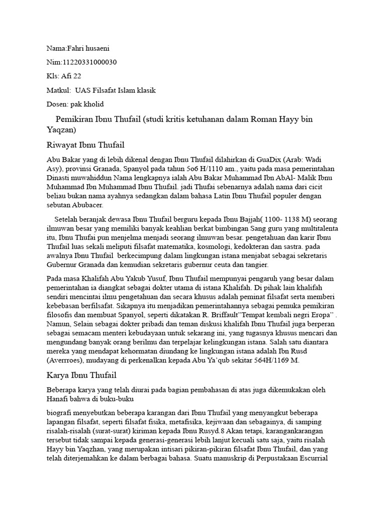 Studi Kritis Ibnu Thufail | PDF | Filsafat