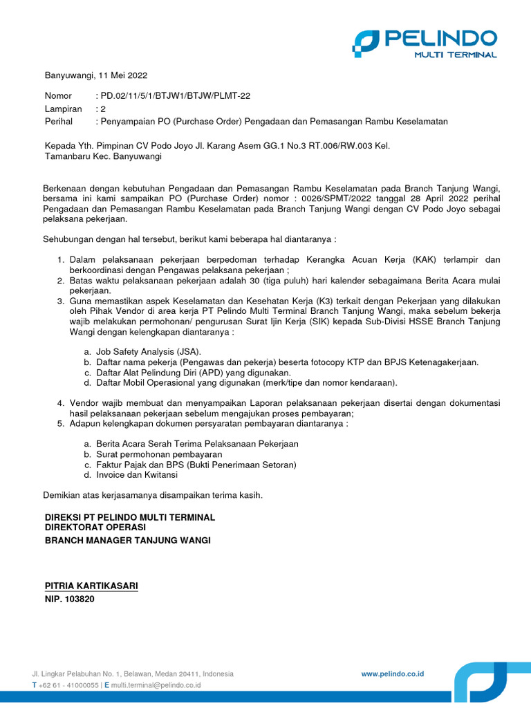 Contoh Surat Purchase Order Rambu Keselamatan | PDF