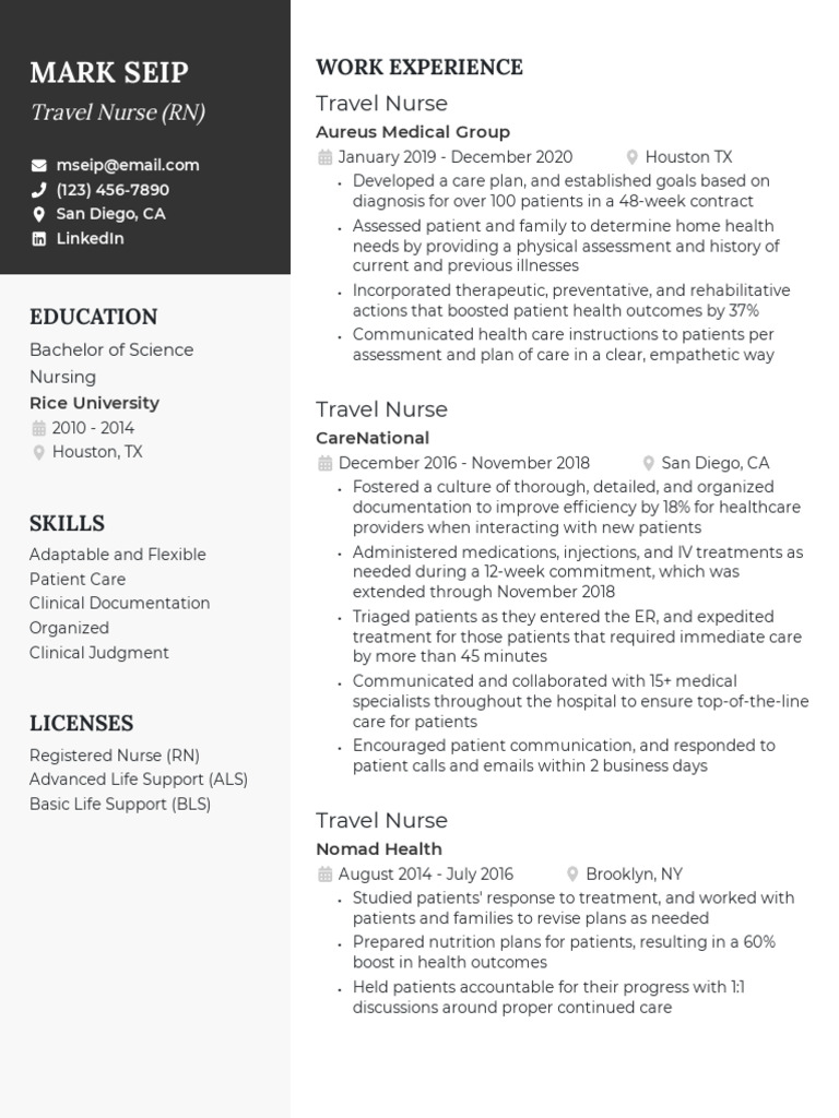 Travel Nurse Resume Example | PDF | Nursing | Patient