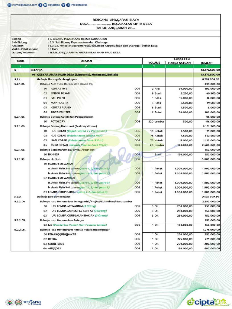 RAB - Lomba PAUD Desa (WWW - Ciptadesa.com) | PDF