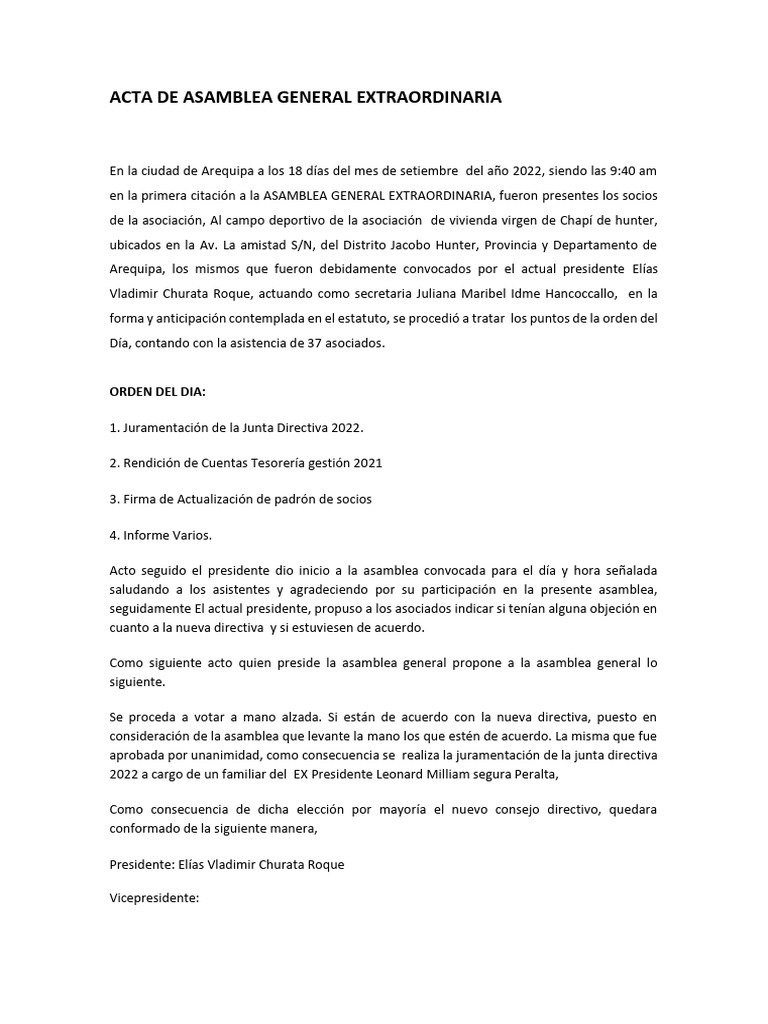 Acta de Asamblea General Extraordinaria | PDF | Gobierno