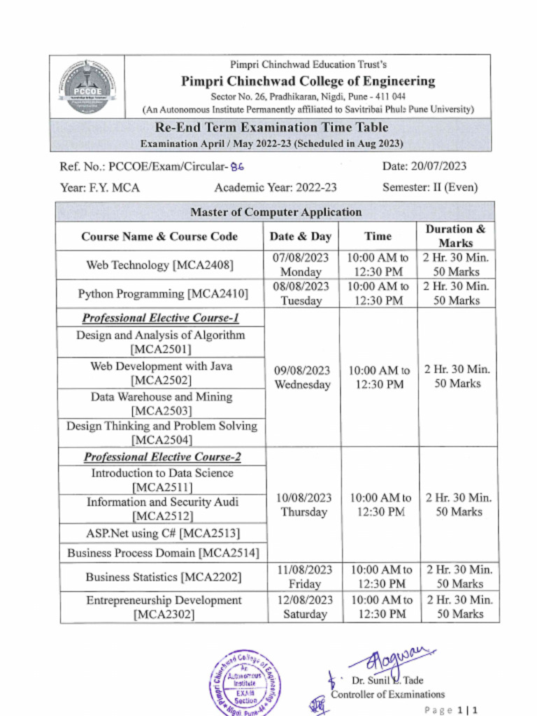 Time Table Re-ETE FY MCA Sem-II April-May 2022-23 | PDF