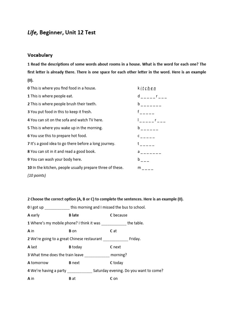 Life 2e - Beginner - Unit 12 Test - Word | PDF | Kitchen