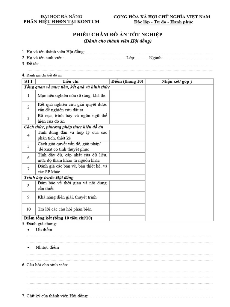 Phieu Cham Do An - Hoi Dong | PDF