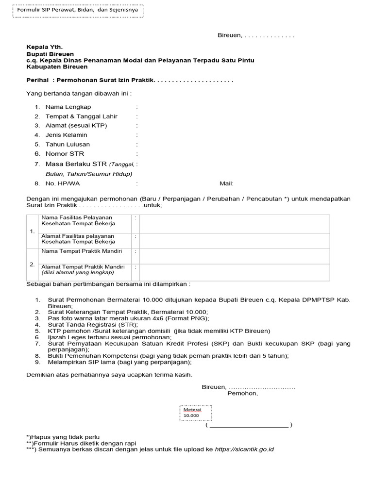 Formulir SIP Perawat, Bidan Dan Sejenisnya | PDF