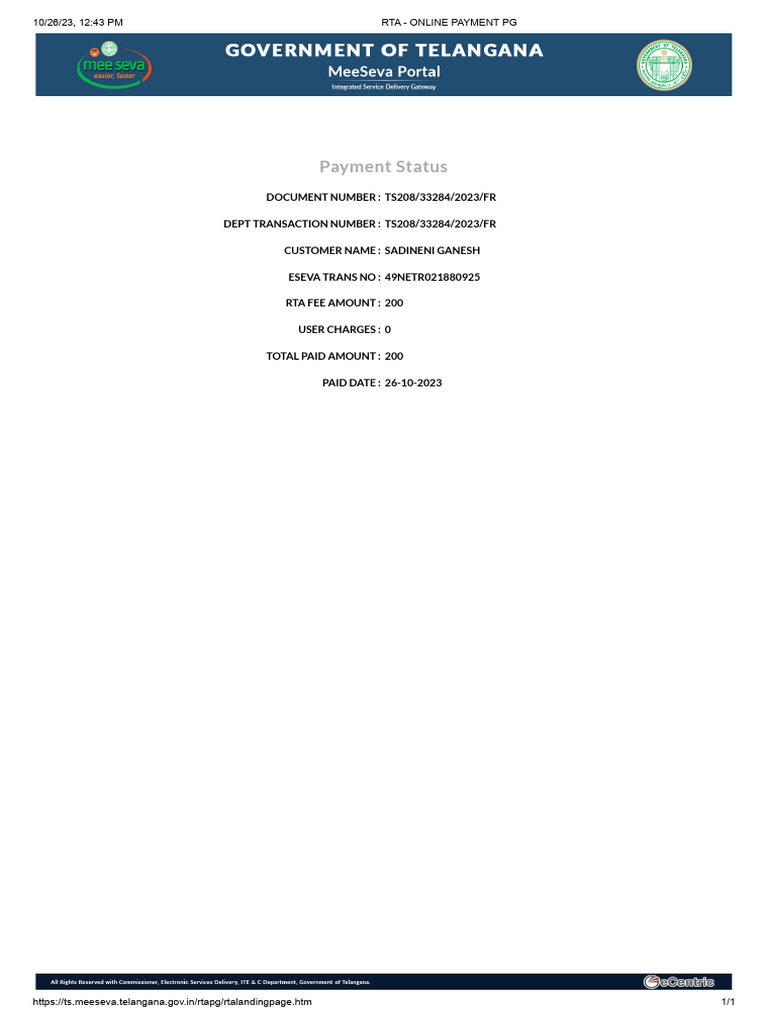 RTA Online Payment Confirmation | PDF | Finance & Money Management