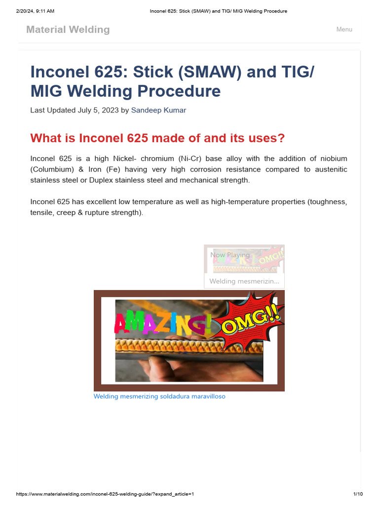 Inconel 625_ Stick (SMAW) and TIG_ MIG Welding Procedure | PDF ...