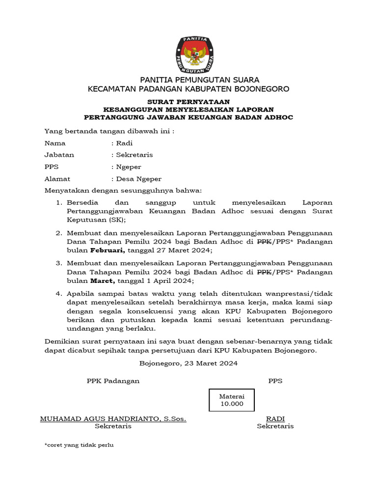 Surat Pernyataan SPJ Badan Adhoc | PDF