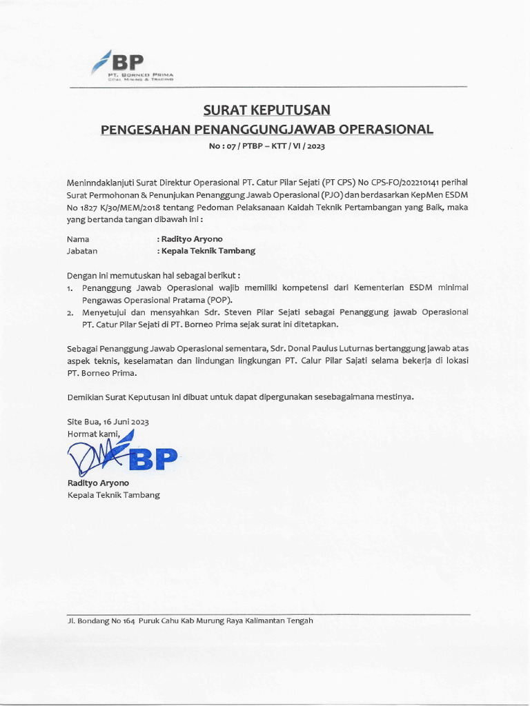 Pengesahan PJO PT. CPS | PDF