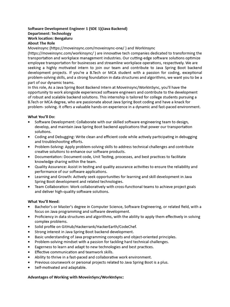 Java Backend Intern Opportunity in Bengaluru | PDF | Software Engineering | Computer Programming