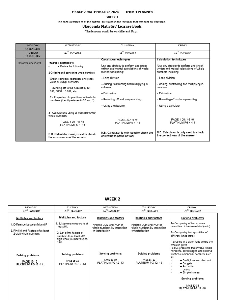 GR7 Mathematics 2024 Term 1 Planner | PDF | Multiplication | Decimal