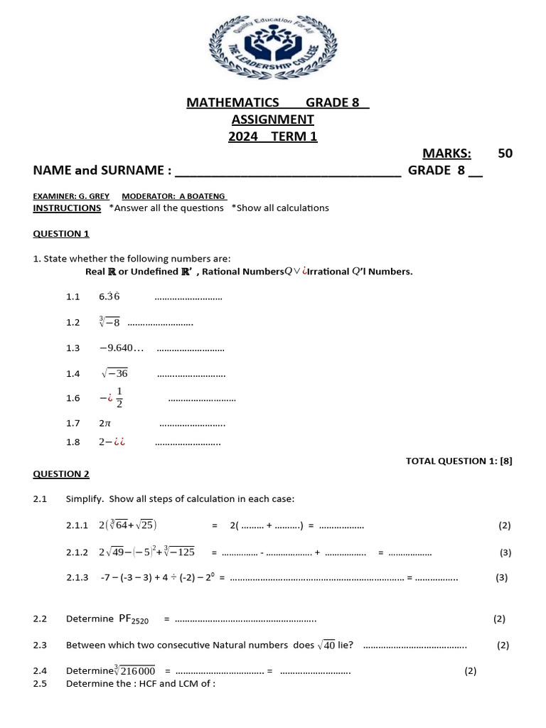 2023 8math T1 Assignment | PDF | Elementary Mathematics | Numbers