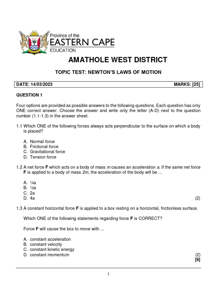 2023-Topic Test 1 On Newton's Laws of Motion | PDF | Force | Kinetic Energy