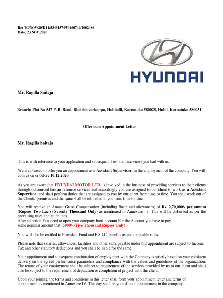 Mr. Ragilla Saiteja,Appoinmet Letter HYUNDAI MOTOR LTD. | PDF | Credential | Employment