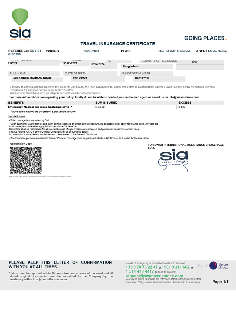 Travel Insurance Certificate | PDF | Insurance | Deductible