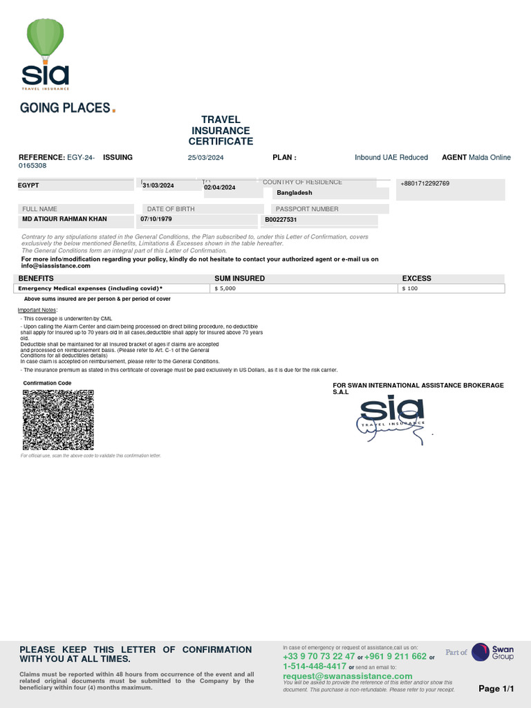 Travel Insurance Certificate | PDF | Insurance | Deductible