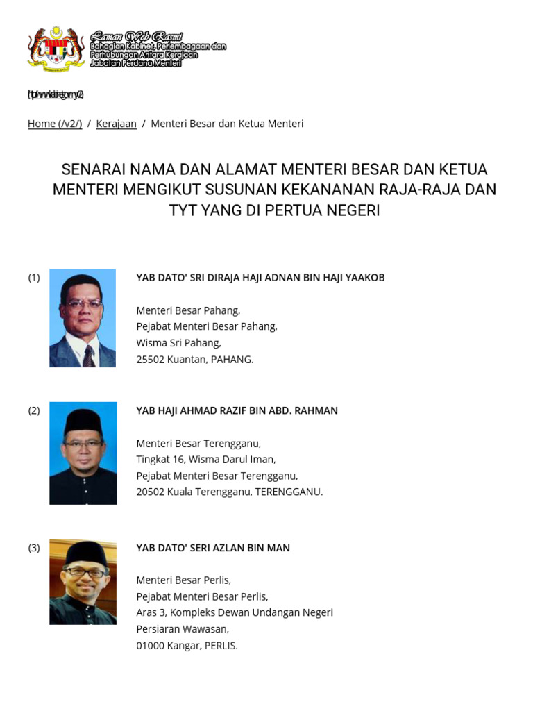 Senarai Menteri Besar Malaysia 2025 | PDF
