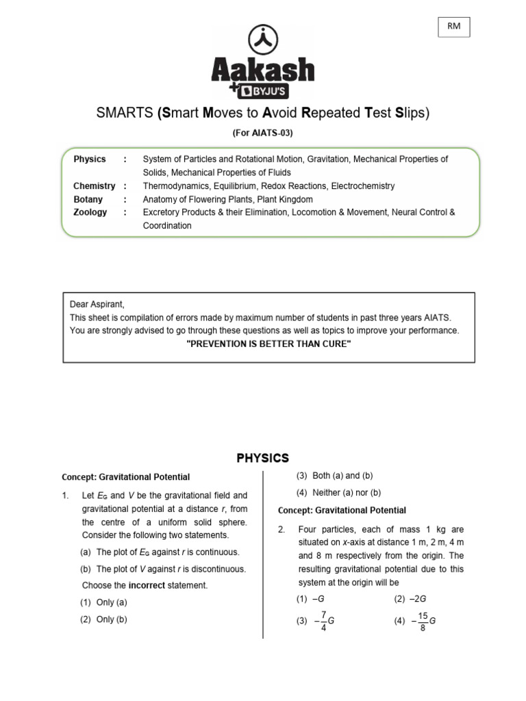 Smart Aiats - 03 (RM) Question | PDF | Buoyancy | Liquids