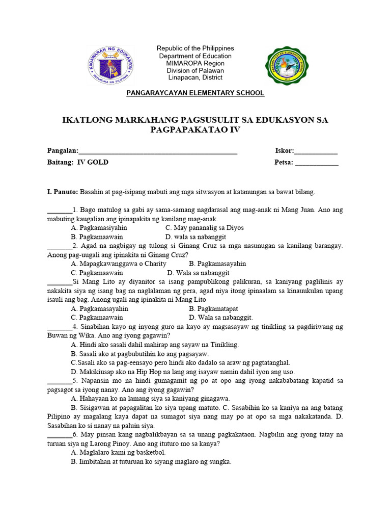 1st Summative Test Grade 4 | PDF