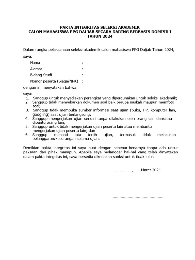 Pakta Integritas PPG 2024 | PDF