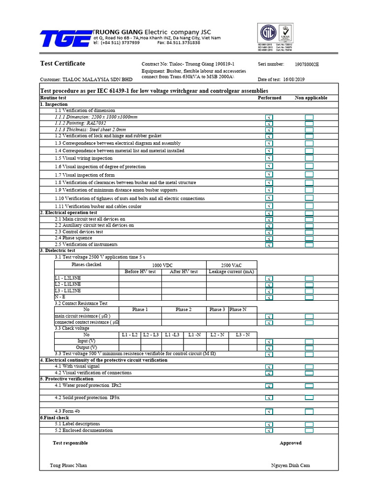 IEC 61439-1 Test Certificate for LV Switchgear | PDF | Electrical ...