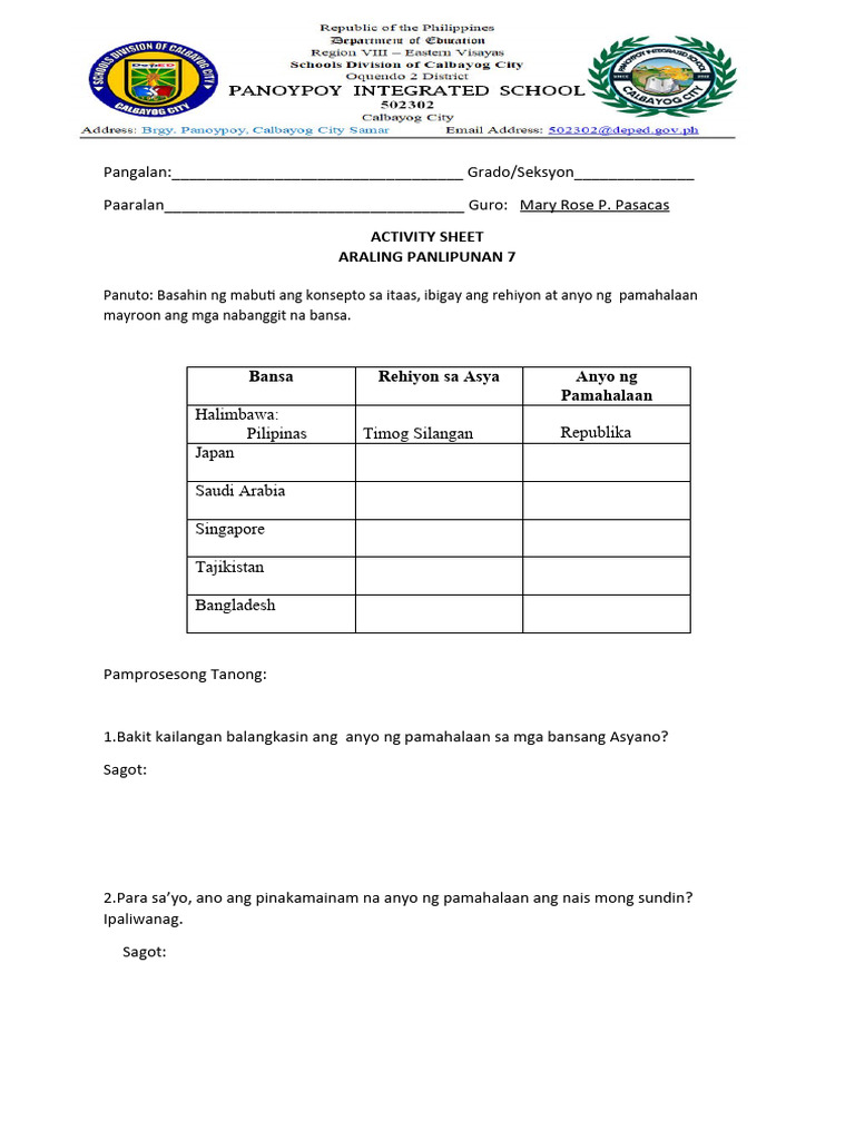 Activity Sheet Araling Panlipunan 7 | PDF