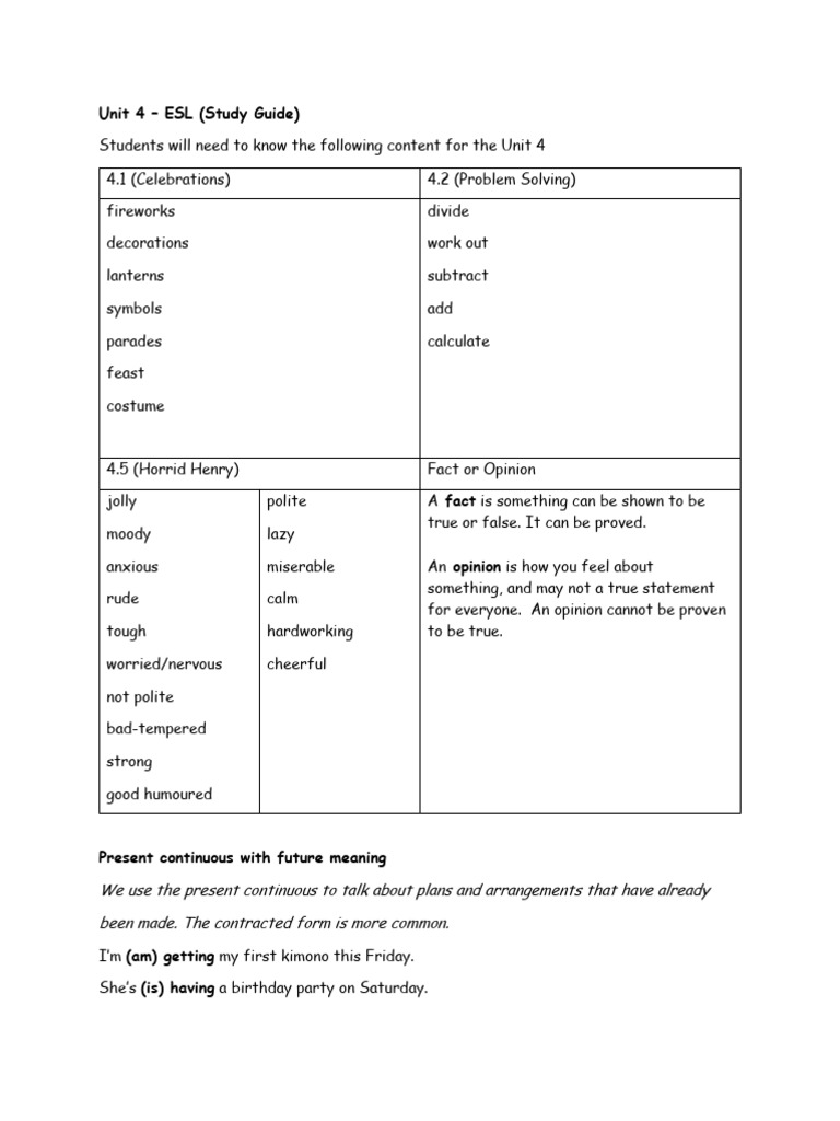 ESL Unit 4 Study Guide: Celebrations & Grammar | PDF