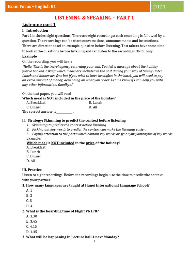 1.handout - Exam Focus - Listening & Speaking Part 1 | PDF | Meal | Dinner