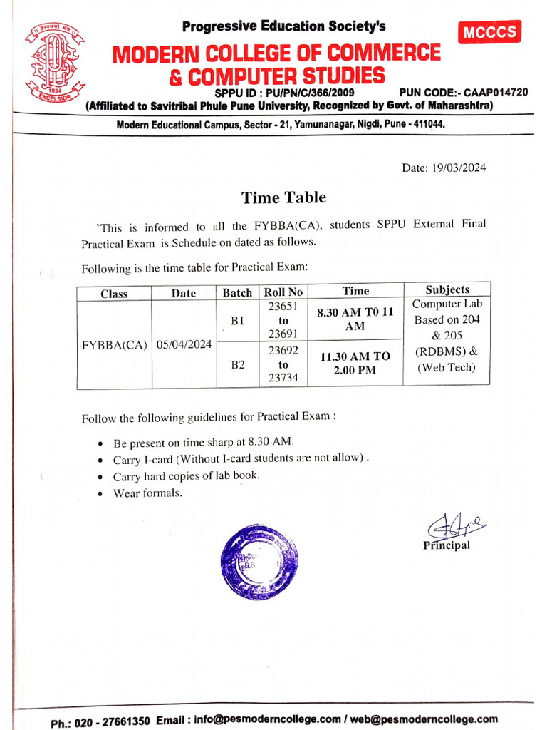 FY Final Practical Exam Timetable | PDF