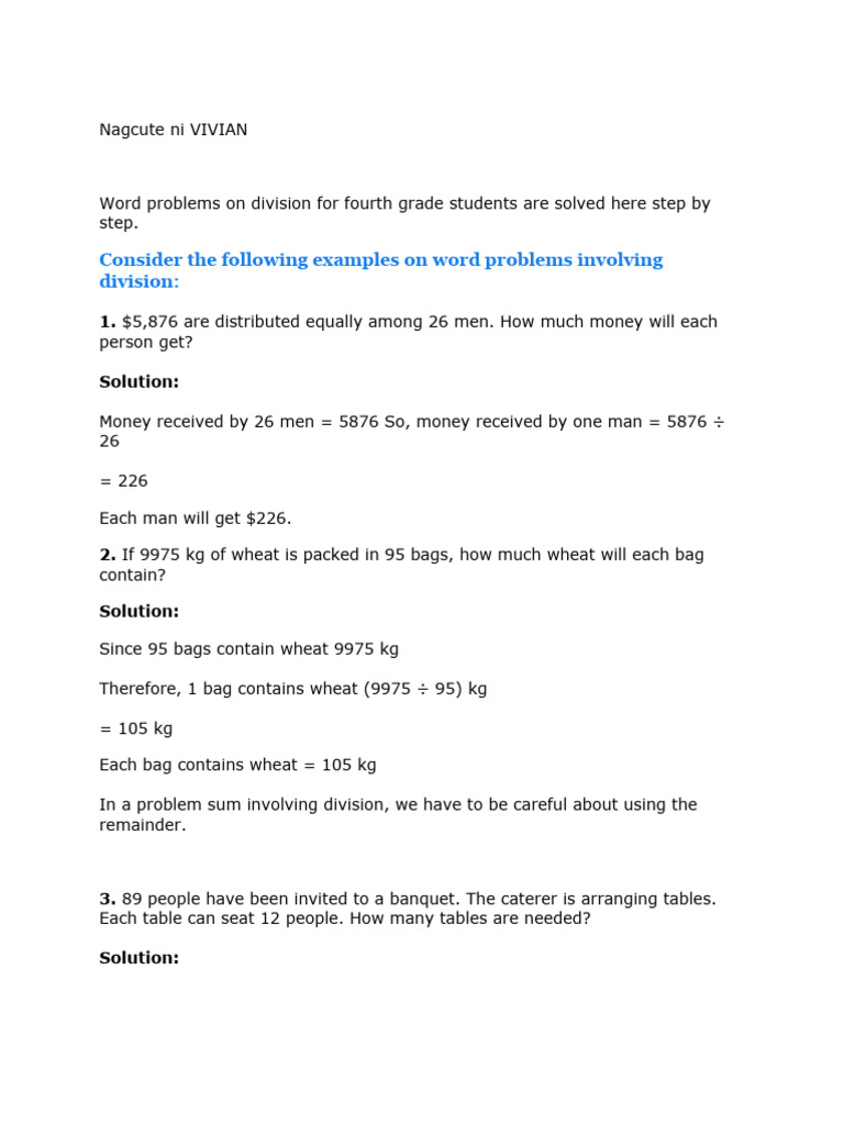 Division Word Problems for Grade 4 | PDF | Mathematics