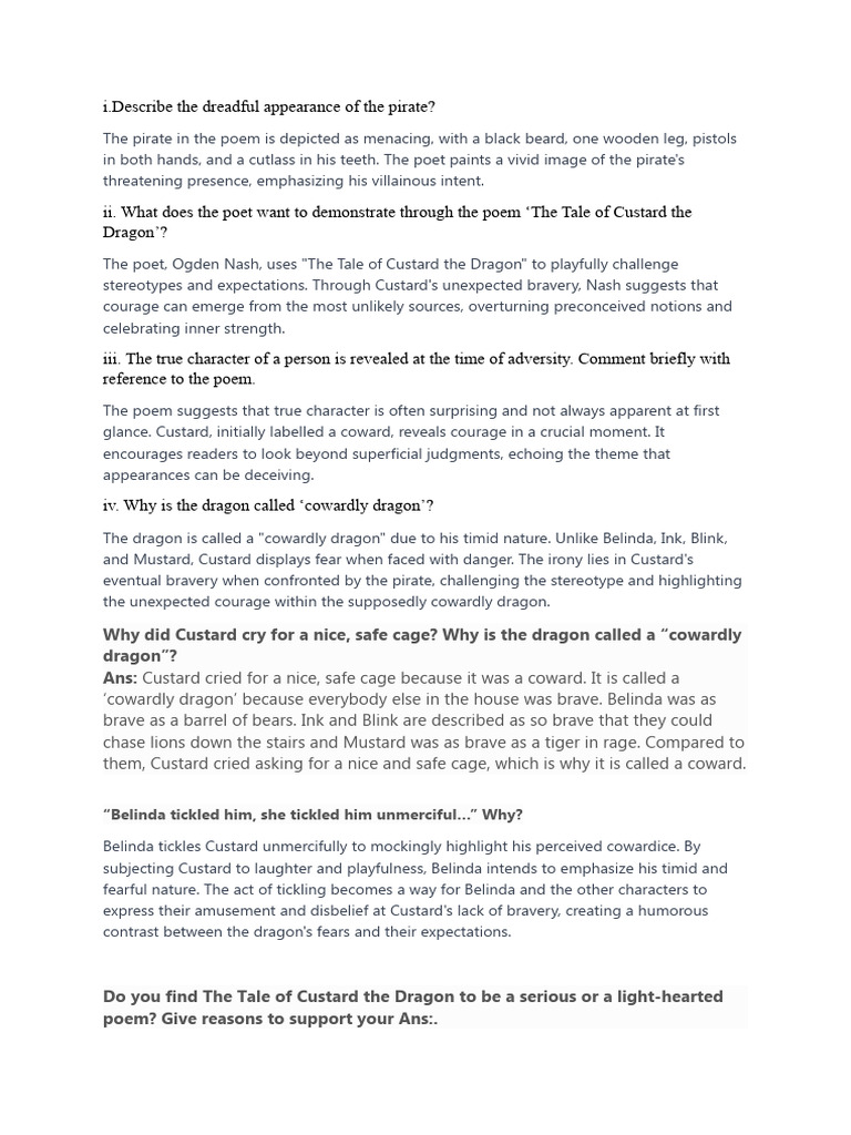 The Tale of Custard The Dragon Class 10 English CBSE Board Literature ...