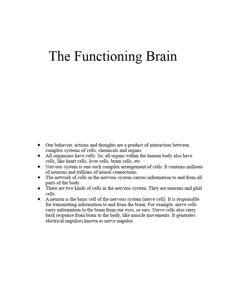 The Functioning Brain | PDF | Chemical Synapse | Neurotransmitter