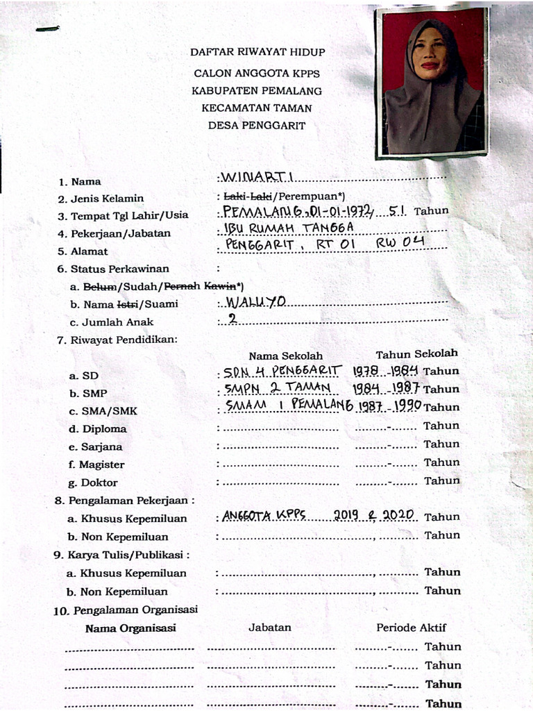 Winarti - Daftar Riwayat Hidup - Tps 13 | PDF
