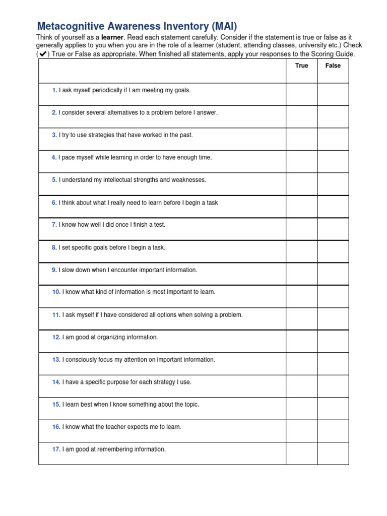 Metacognitive Awareness Inventory Pdf Reading Comprehension Learning