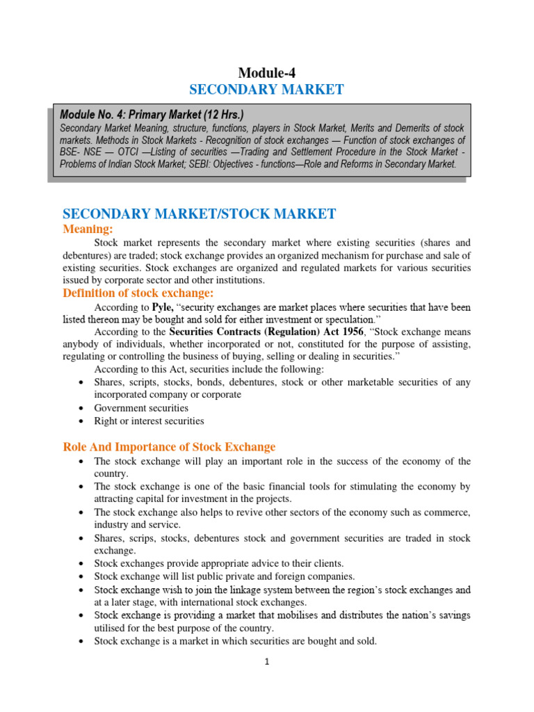 Ch 4 Secondary Market | PDF | Stocks | Securities (Finance)