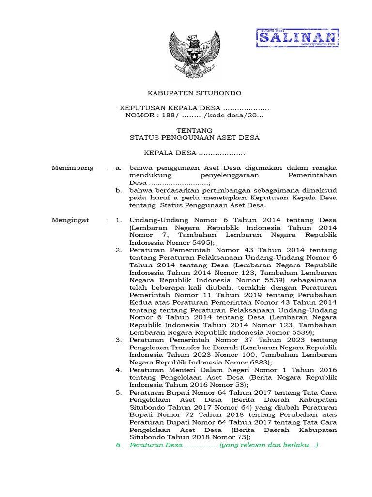 Draft SK Status Penggunaan Aset Desa | PDF