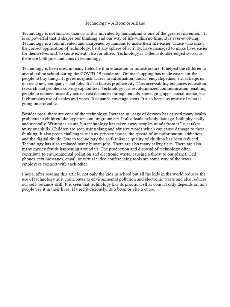 Technology - A Boon or A Bane | PDF | Social Media | Popular Culture ...