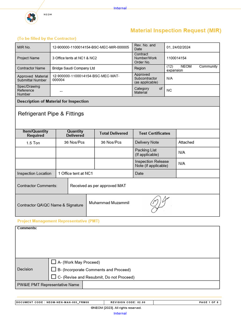 NEOM Material Inspection Request NC1 | PDF
